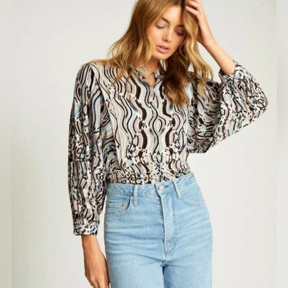 Reiss | Tops | Reiss Satin Blouse Blue Penny Swirlprint Pleated Top ...